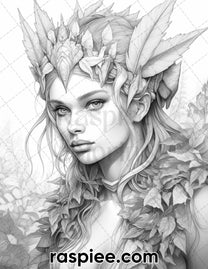 50 Fantasy Forest Elves Grayscale Coloring Pages for Adults, Printable ...