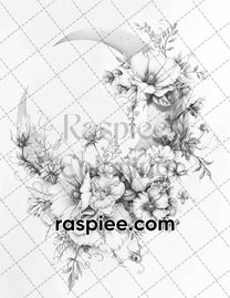 60 Boho Moon Floral Grayscale Adult Coloring Pages Printable PDF Insta ...