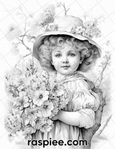 60 Spring Vintage Girls Grayscale Adult Coloring Pages, Printable PDF ...