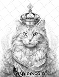 50 Royal King Cat Grayscale Coloring Pages for Adults, Printable PDF I ...