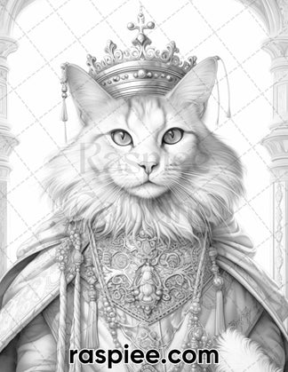 50 Royal King Cat Grayscale Coloring Pages for Adults, Printable PDF I ...