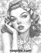 50 Vintage Spring Pin Up Girls Grayscale Adult Coloring Pages, Printab ...