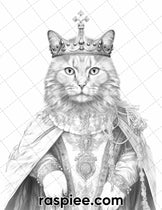 50 Royal King Cat Grayscale Coloring Pages for Adults, Printable PDF I ...
