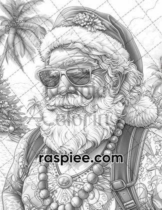 60 Santa Christmas in July Grayscale Adult Coloring Pages Printable PD ...