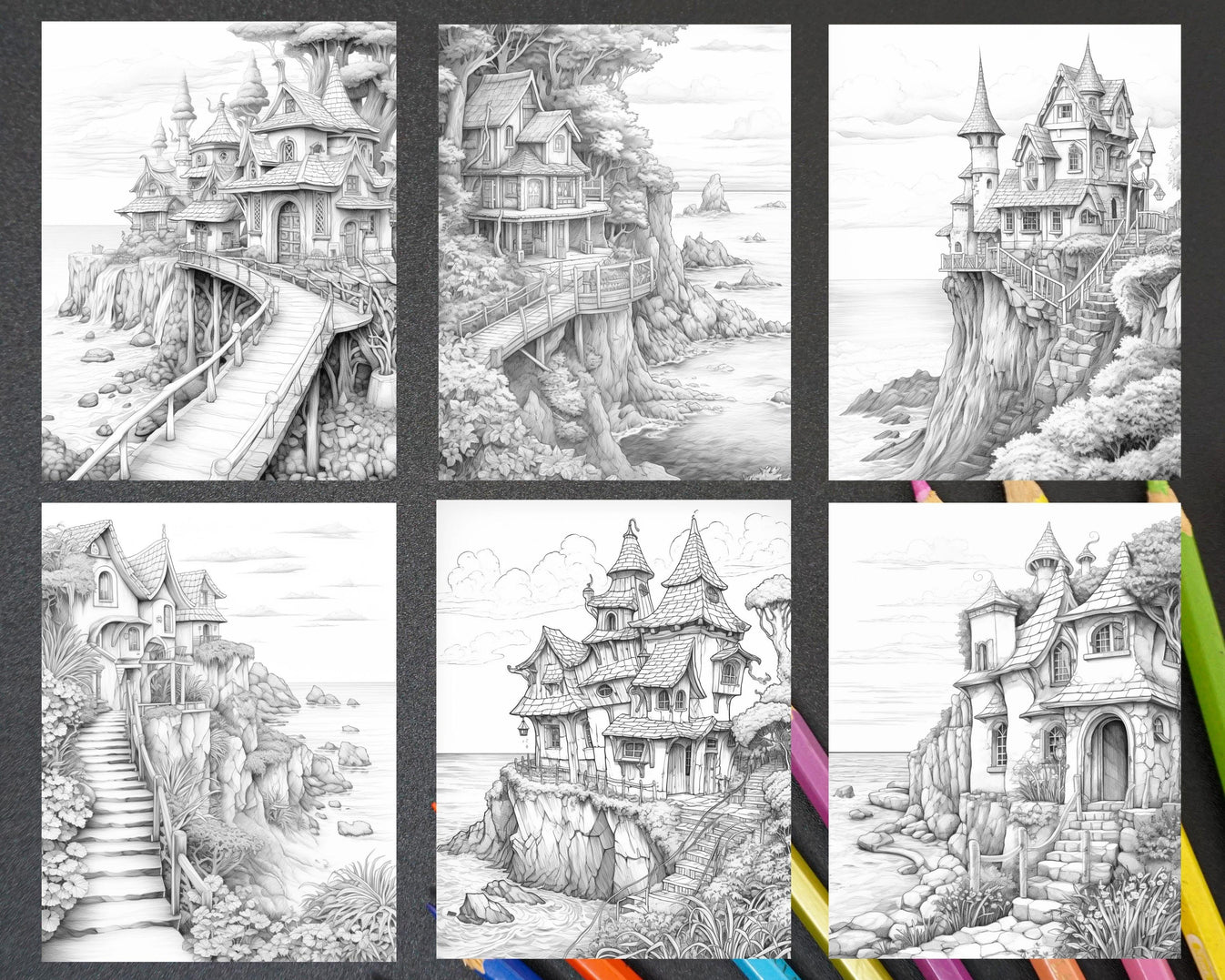 50 Fairy Beach Houses Grayscale Coloring Pages for Adults, Printable P