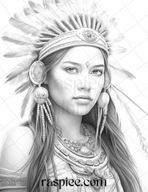 Native American Portrait Grayscale Coloring Pages Printable for Adults ...