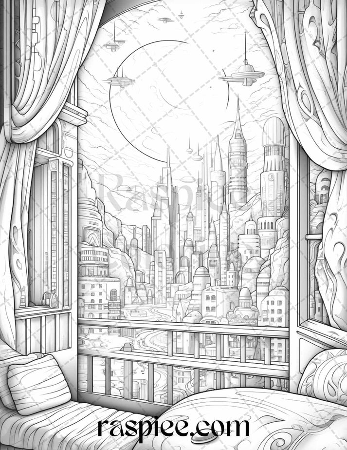 40 Window to Fantasy Worlds Grayscale Coloring Pages Printable for Adu