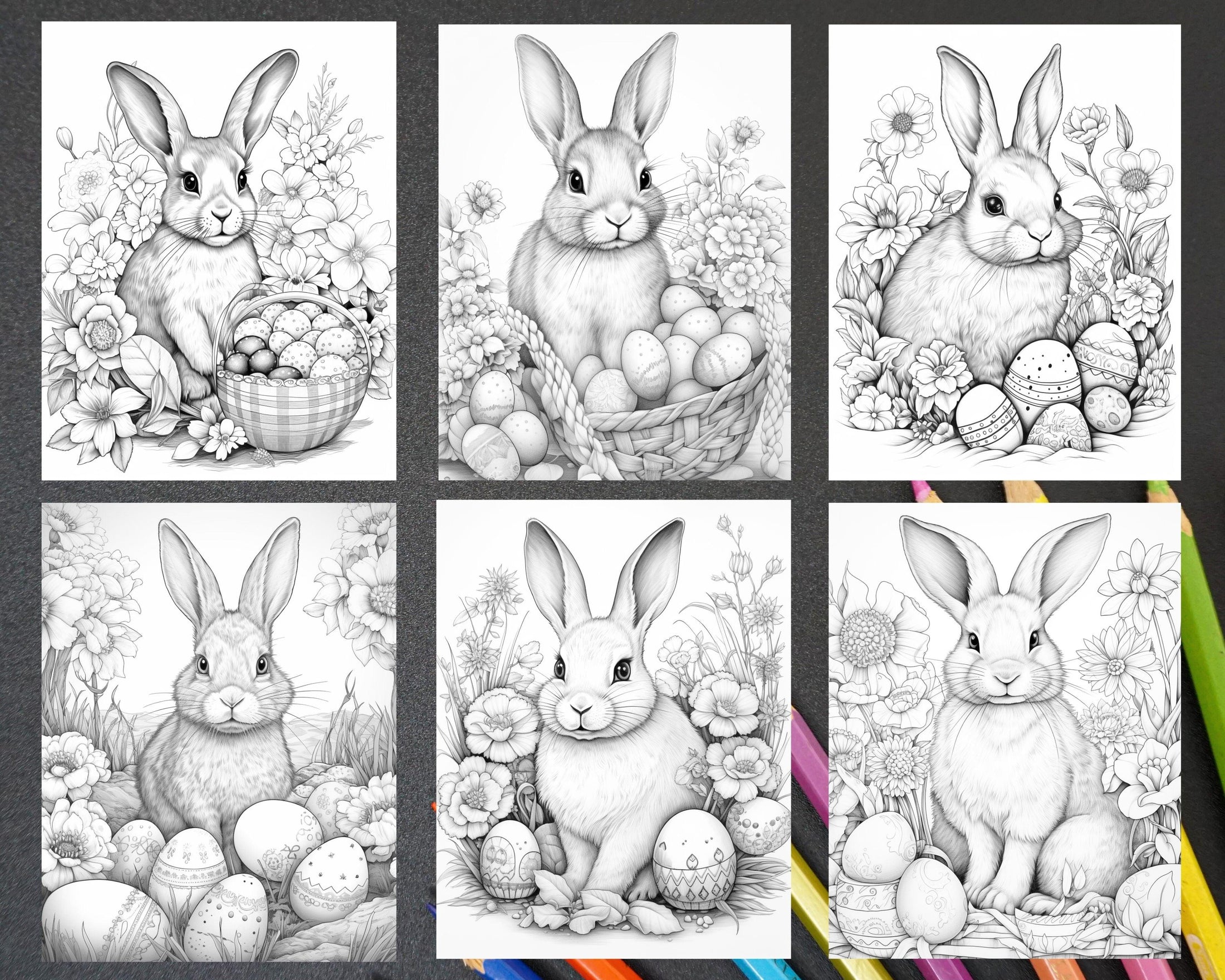 40 Easter Bunny Grayscale Adult Coloring Pages, Printable PDF Instant ...