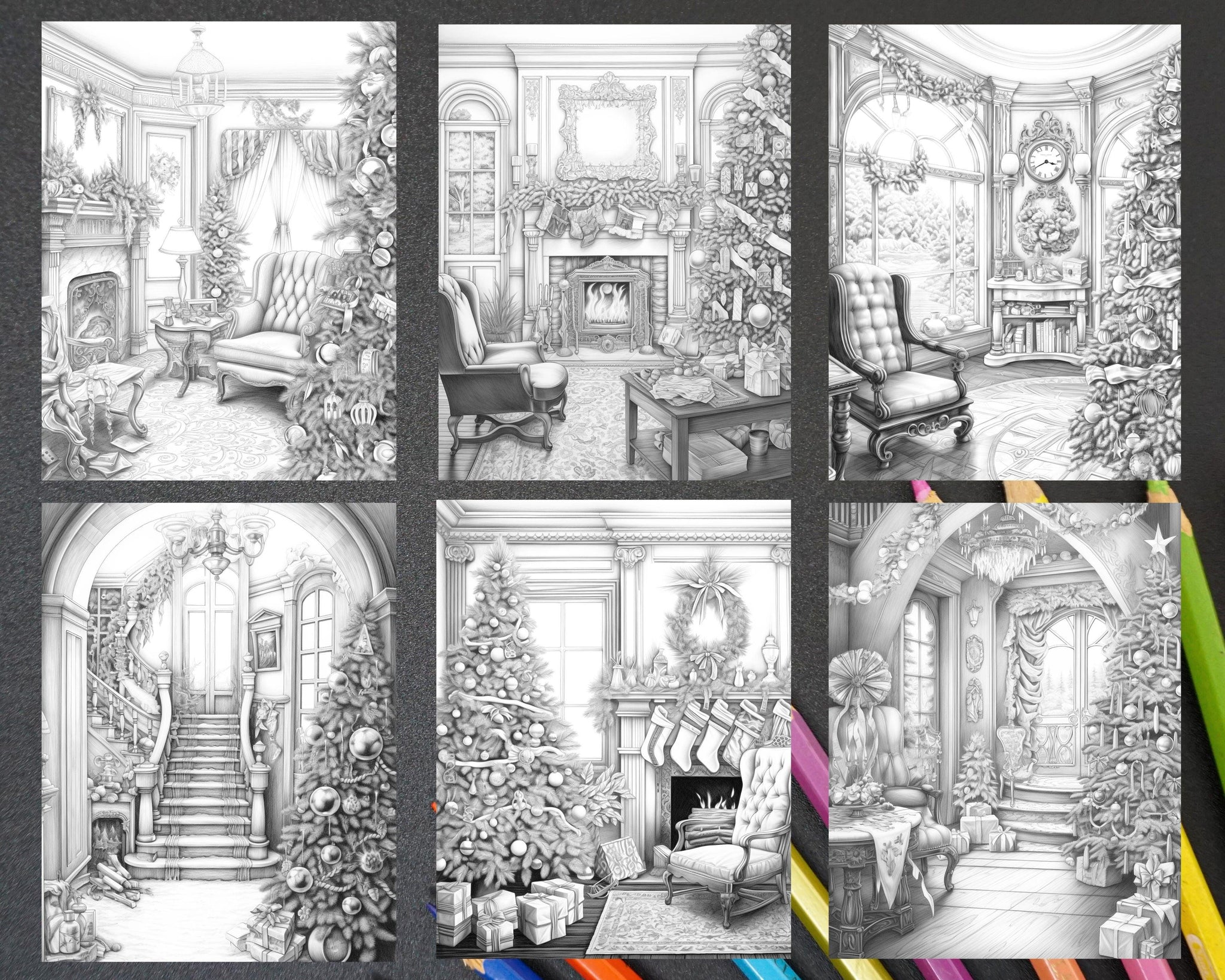 40 Christmas Interior Decorations Grayscale Coloring Pages for Adults ...