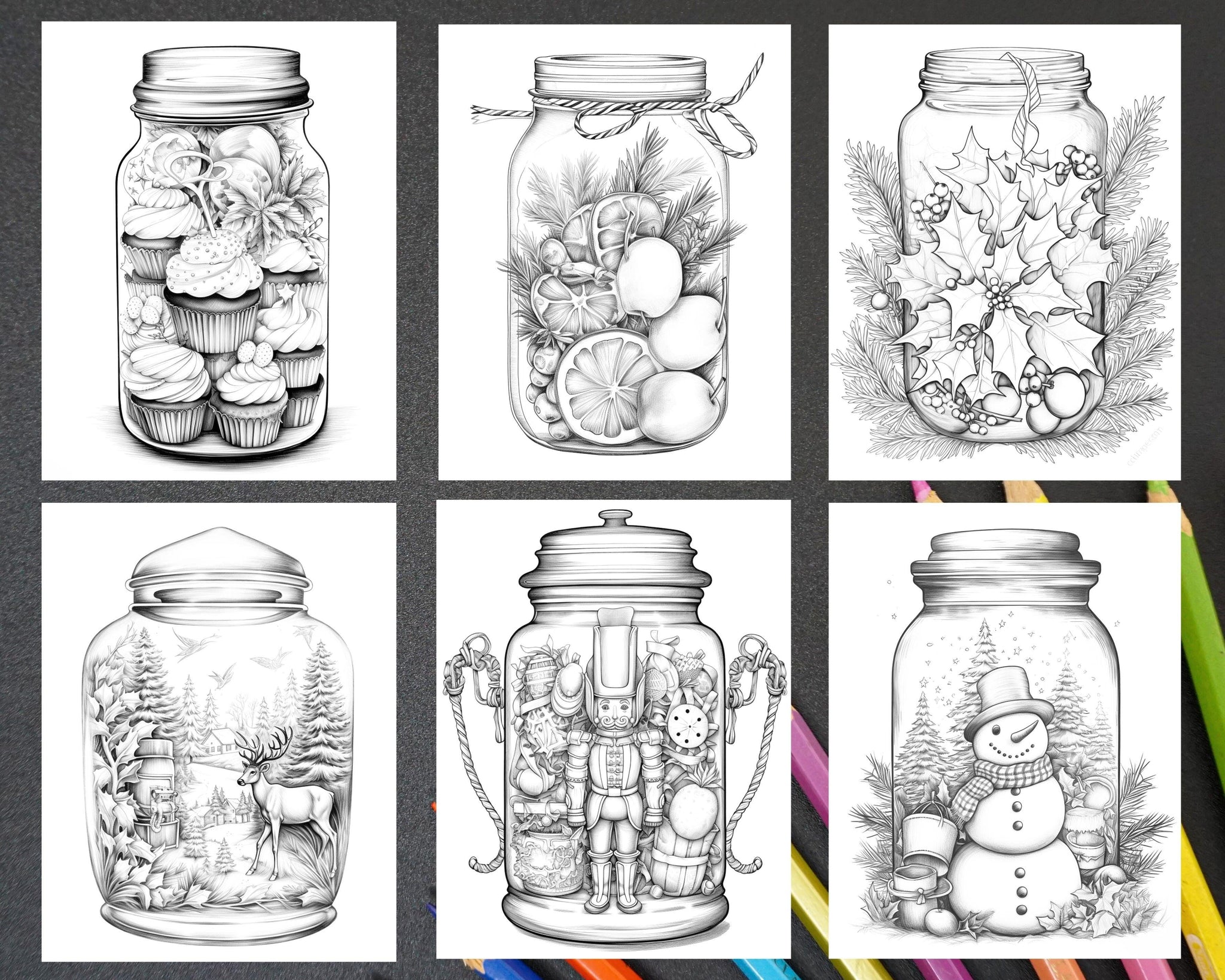60 Christmas In Jar Grayscale Coloring Pages for Adults, Printable PDF ...