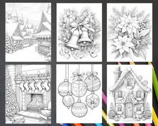 Relaxing Christmas Grayscale Coloring Pages for Adults, Festive Scenes ...