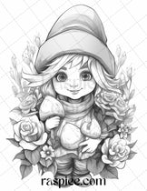 50 Flower Gnomes Grayscale Coloring Pages Printable for Adults Kids, P ...