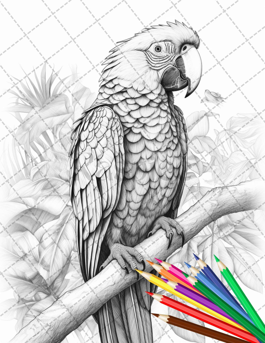 31 Tropical Birds Coloring Book for Adults, Grayscale Coloring Page, P