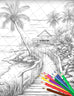 Beautiful Tropical Beach Grayscale Coloring Pages Printable for Adults ...