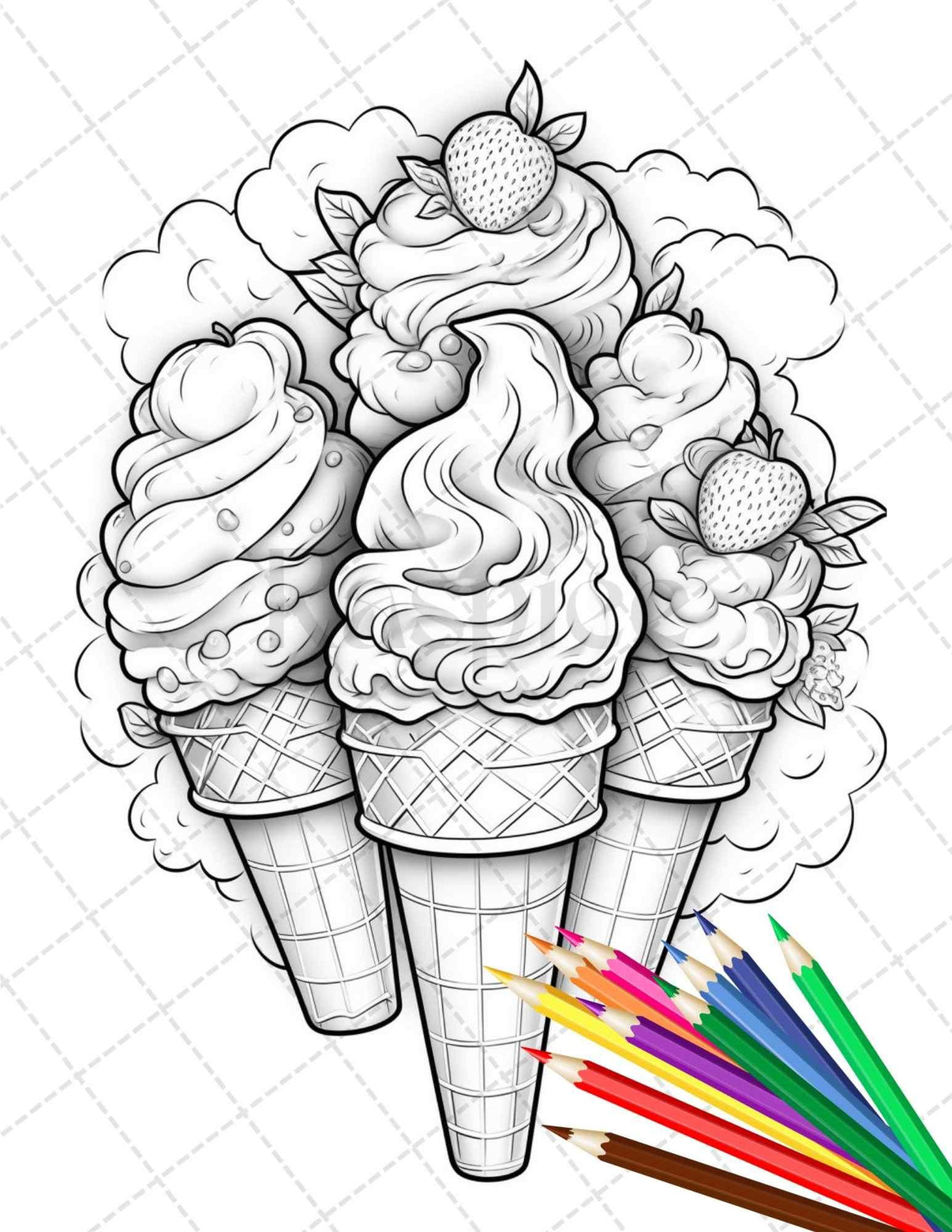 52 Printable Ice Cream Desserts Coloring Pages for Adults and Kids, Gr