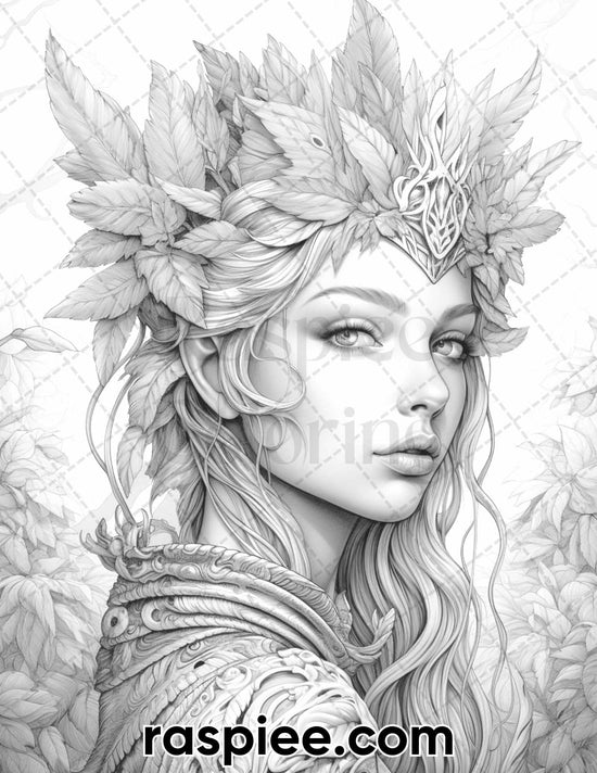 50 Fantasy Forest Elves Grayscale Coloring Pages for Adults, Printable ...