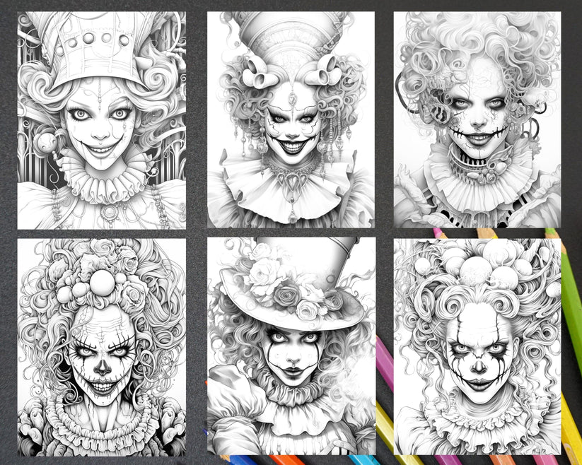 50 Scary Clown Girls Grayscale Coloring Pages Printable for Adults, PD