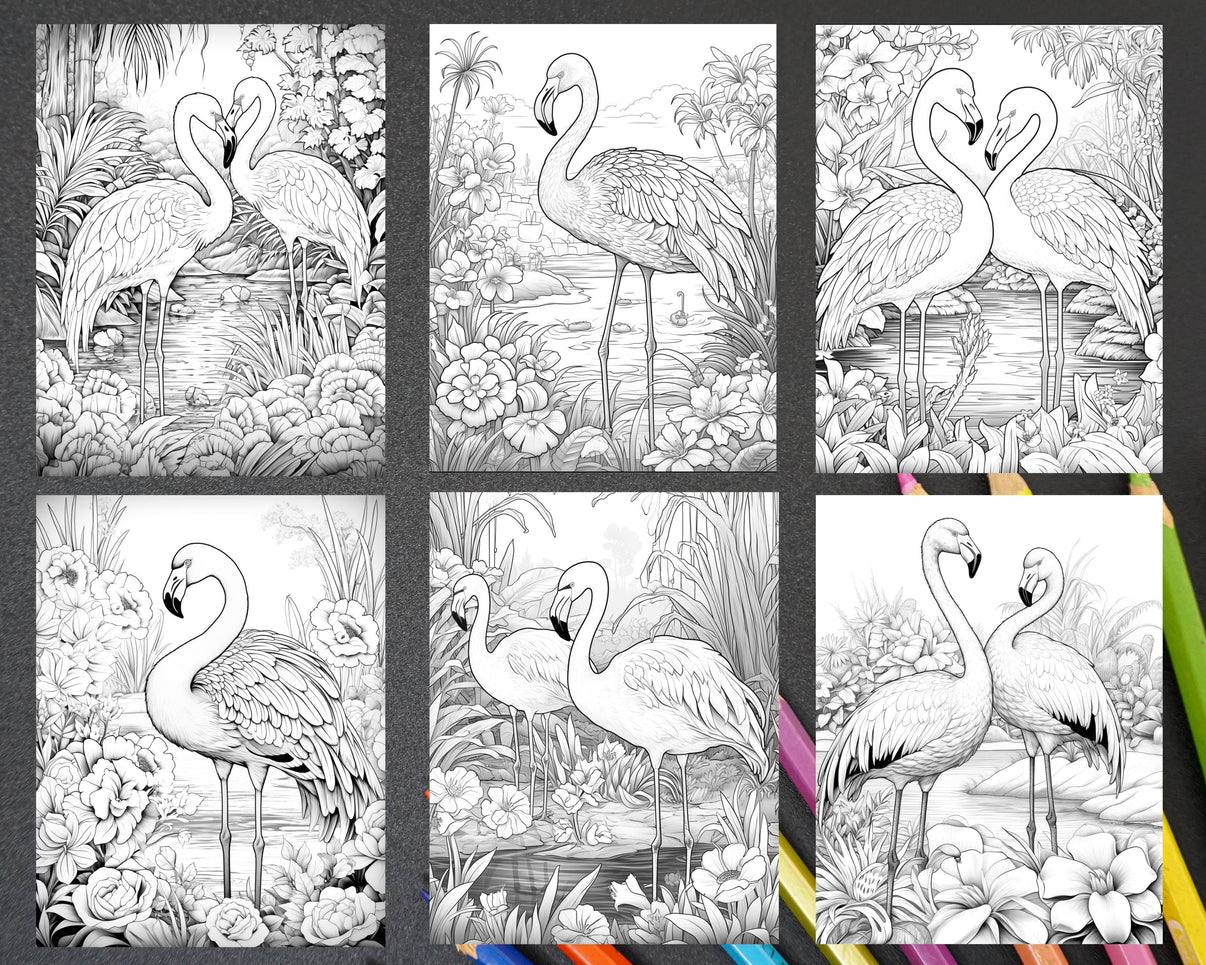 Flamingo Oasis Grayscale Coloring Pages Printable for Adults, PDF File