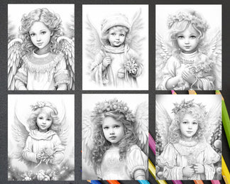 55 Christmas Angel Grayscale Coloring Pages for Adults, Printable PDF ...