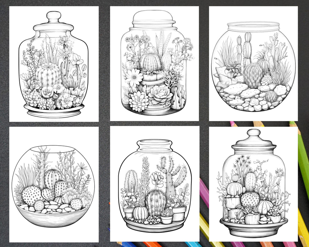 34 Enchanted Terrarium Grayscale Coloring Pages Printable for Adults,