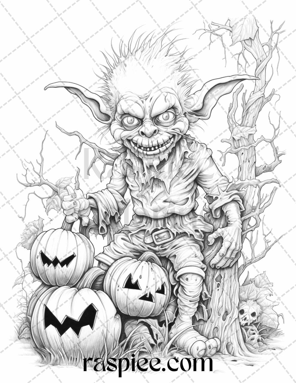 50 Halloween Goblin Grayscale Coloring Pages Printable for Adults, PDF