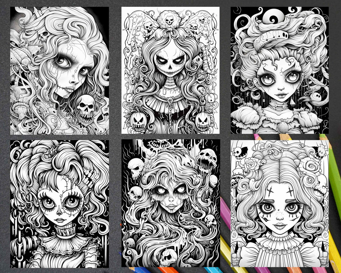 50 Spooky Miss Nightmare Grayscale Coloring Pages Printable for Adults