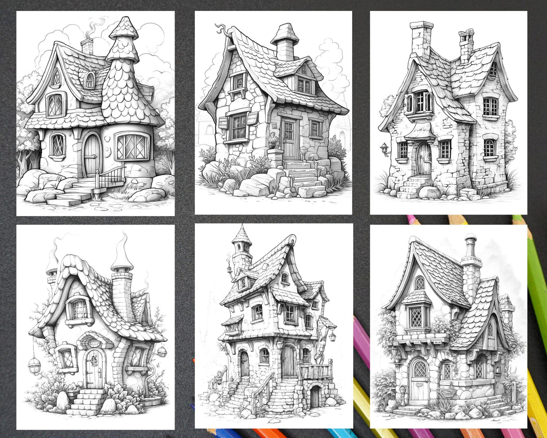 40 Stone Cottage Houses Grayscale Coloring Pages Printable for Adults,