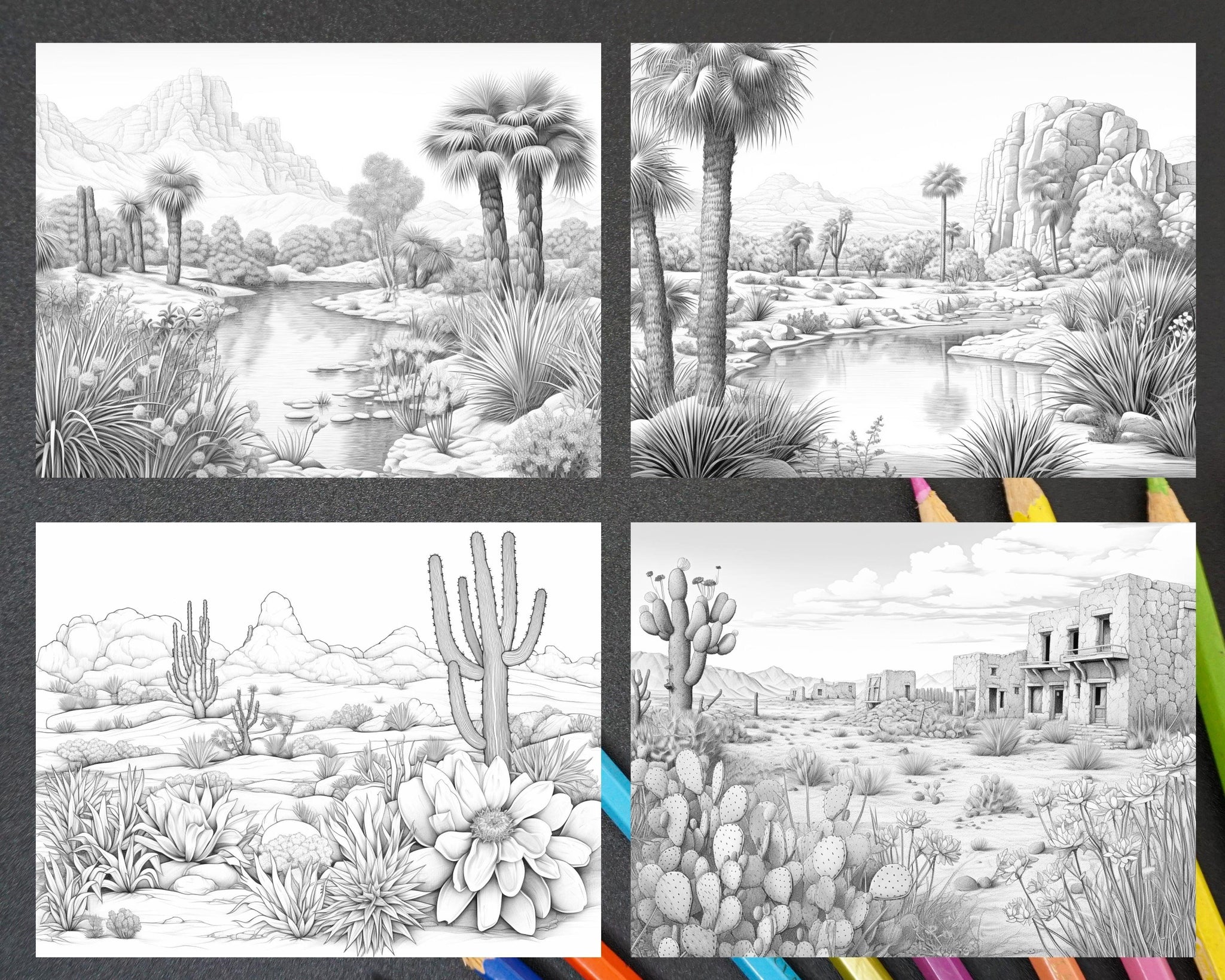 60 Desert Blooms Landscapes Grayscale Adult Coloring Pages, Printable ...