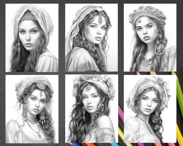 40 Beautiful Gypsy Girls Grayscale Coloring Pages Printable for Adults