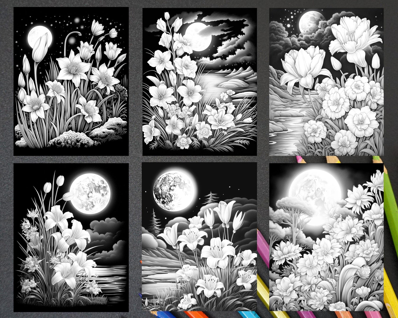 50 Flowers Under Moonlight Grayscale Coloring Pages for Adults, Printa ...