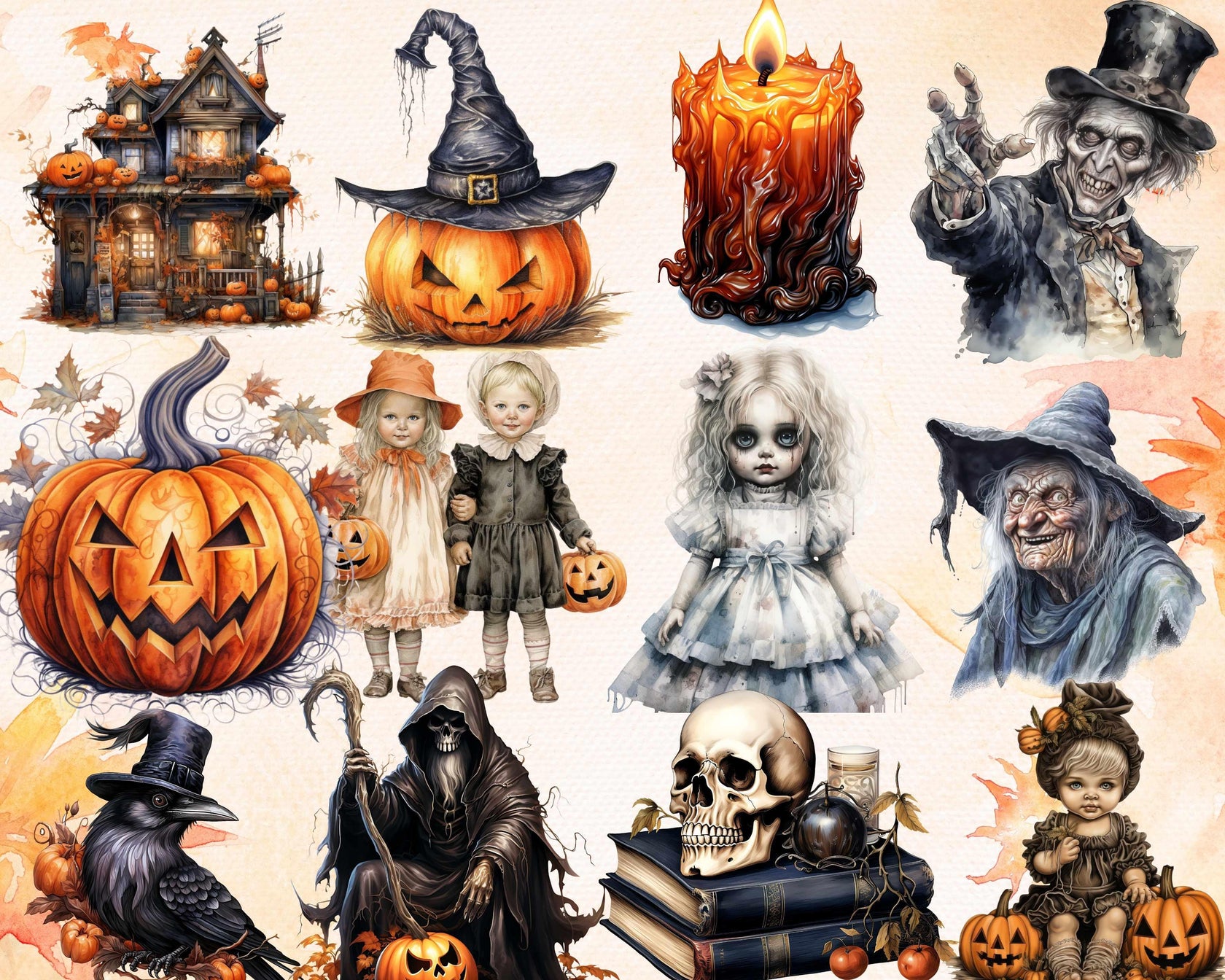 270+ PNG Watercolor Vintage Halloween Clipart Mega Bundle, Happy Hallo ...