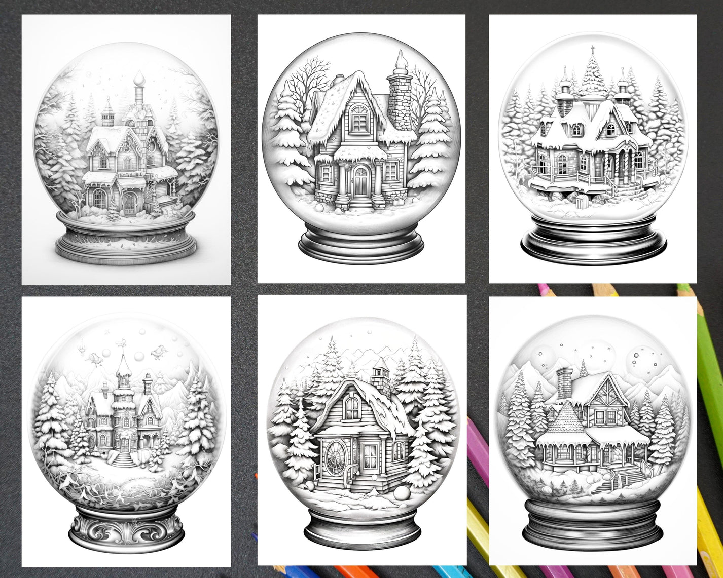 Cozy Cabin in Snow Globe Grayscale Coloring Pages Printable for Adults