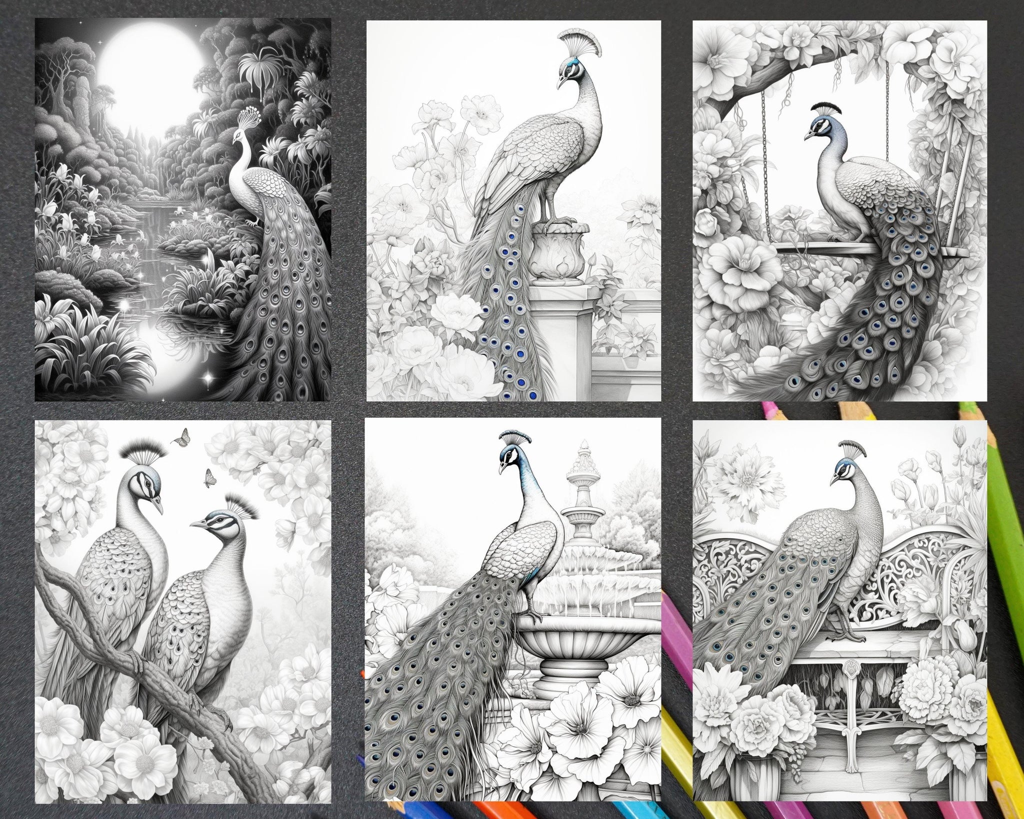 40 Majestic Peacocks Grayscale Adult Coloring Pages, Printable PDF Ins ...