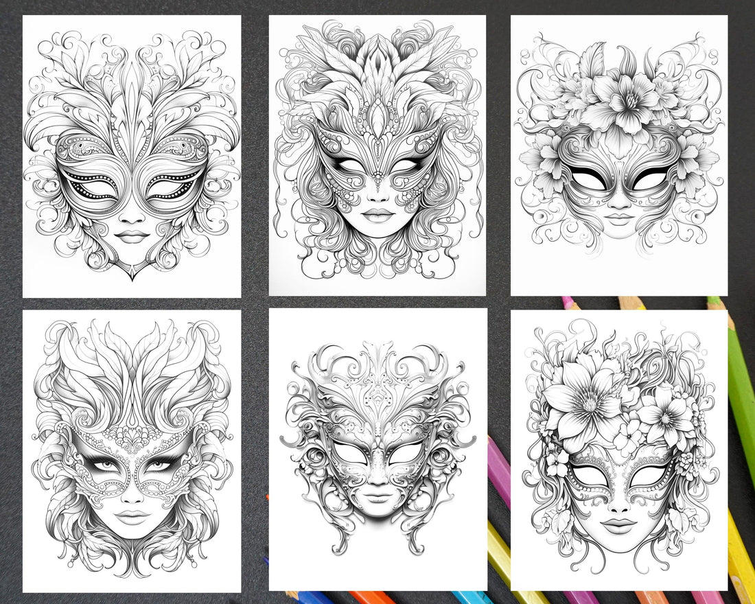 40 Masquerade Masks Grayscale Coloring Pages Printable for Adults, PDF