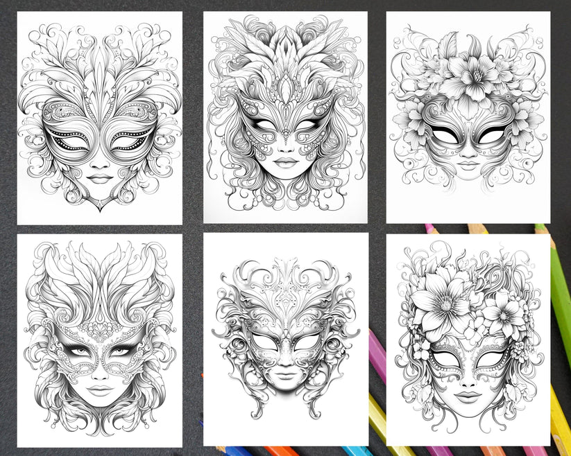 40 Masquerade Masks Grayscale Coloring Pages Printable for Adults, PDF