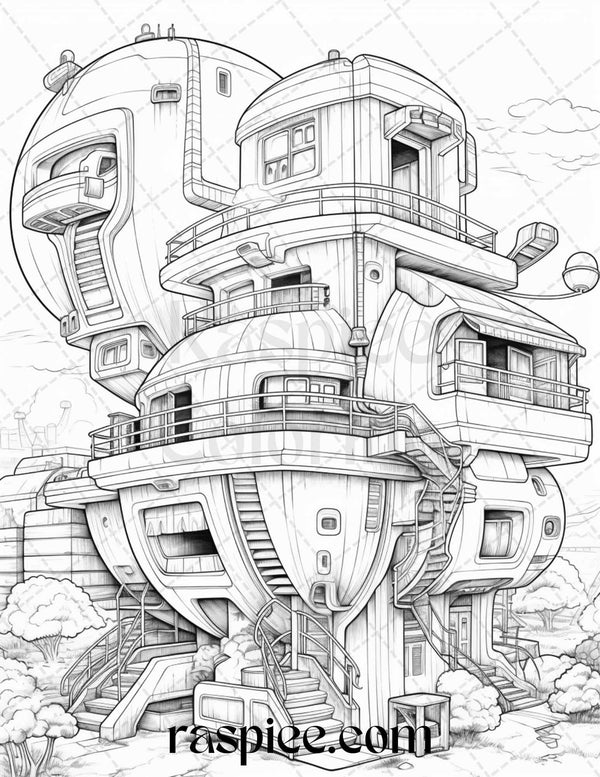 43 Futuristic Houses Grayscale Coloring Pages Printable for Adults, PD