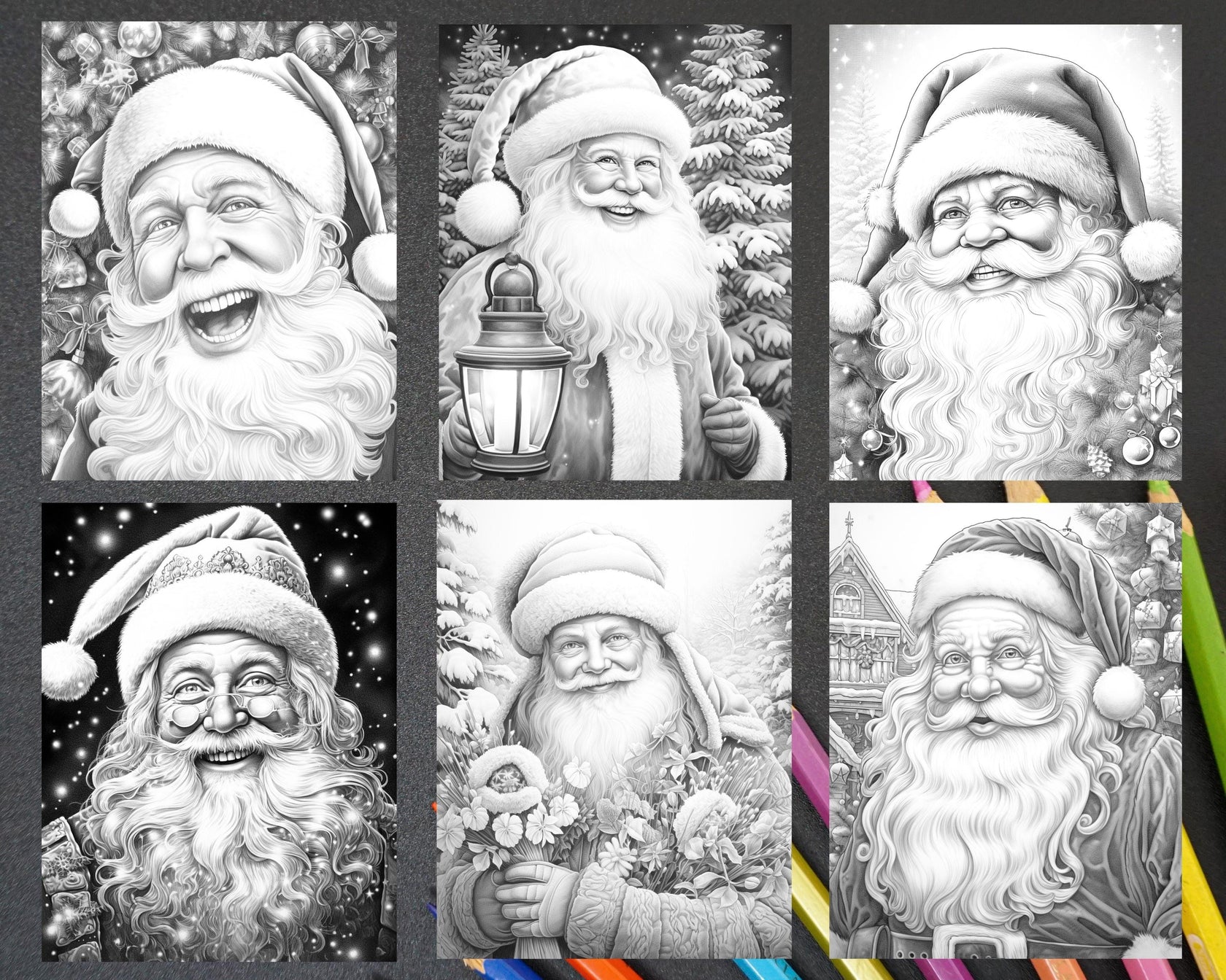 63 Christmas Santa Claus Grayscale Coloring Pages for Adults, Printabl ...