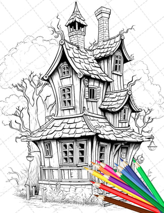32 Spooky Houses Coloring Pages Printable for Adults, Grayscale Colori ...