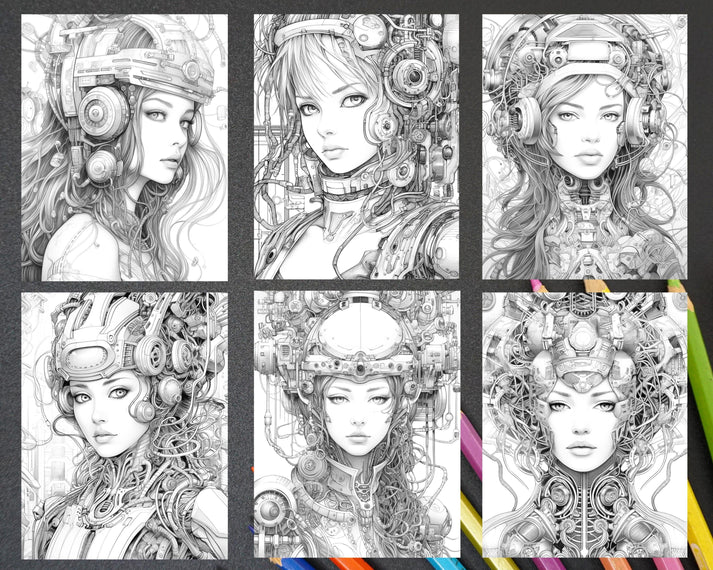 40 Beautiful Cyborg Girls Grayscale Coloring Pages Printable for Adult