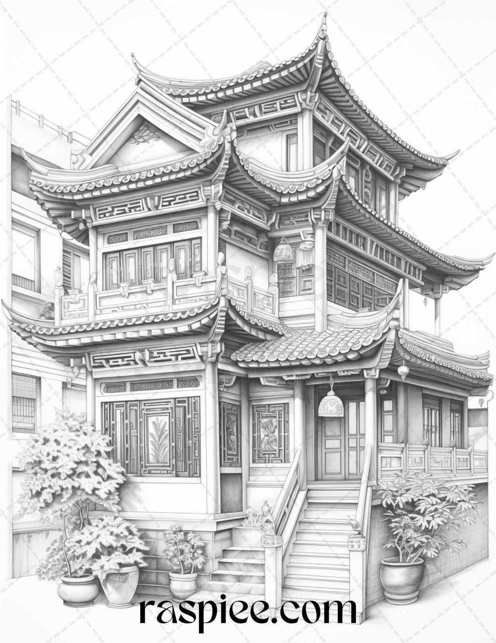 40 Traditional Chinese Houses Grayscale Coloring Pages Printable for A