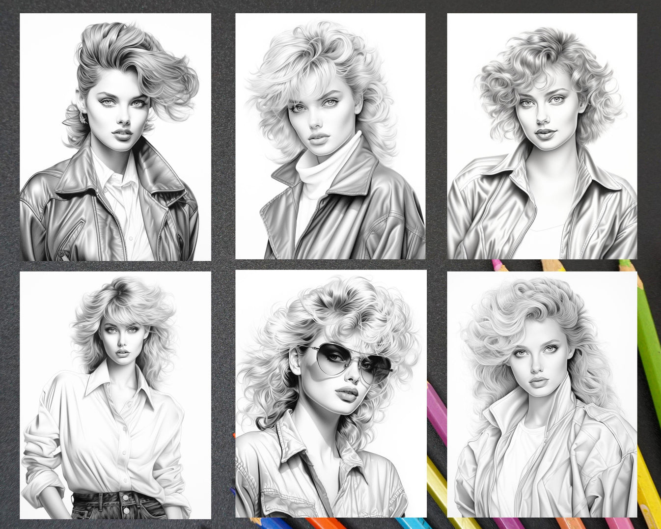 1980s Retro Beautiful Women Grayscale Coloring Pages for Adults, PDF F