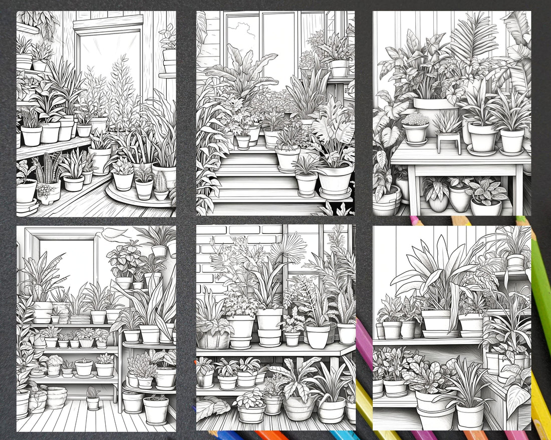 38 Indoor Houseplants Coloring Pages Printable for Adults, Grayscale C