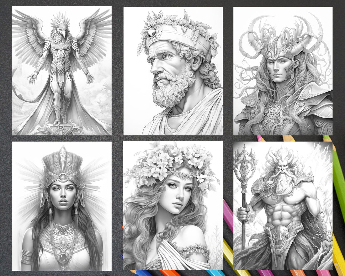 52 Mythology Gods Grayscale Coloring Pages for Adults, Printable PDF I