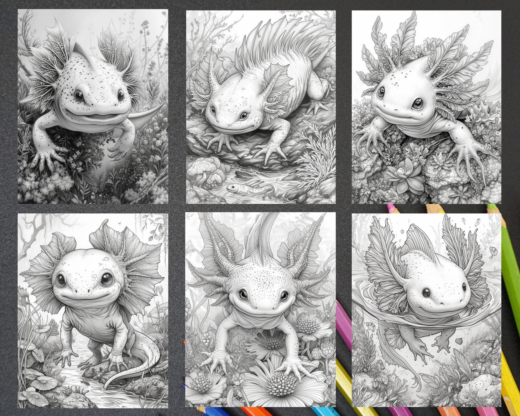 55 Fantasy Alien Axolotl Grayscale Adult Coloring Pages, Printable PDF ...