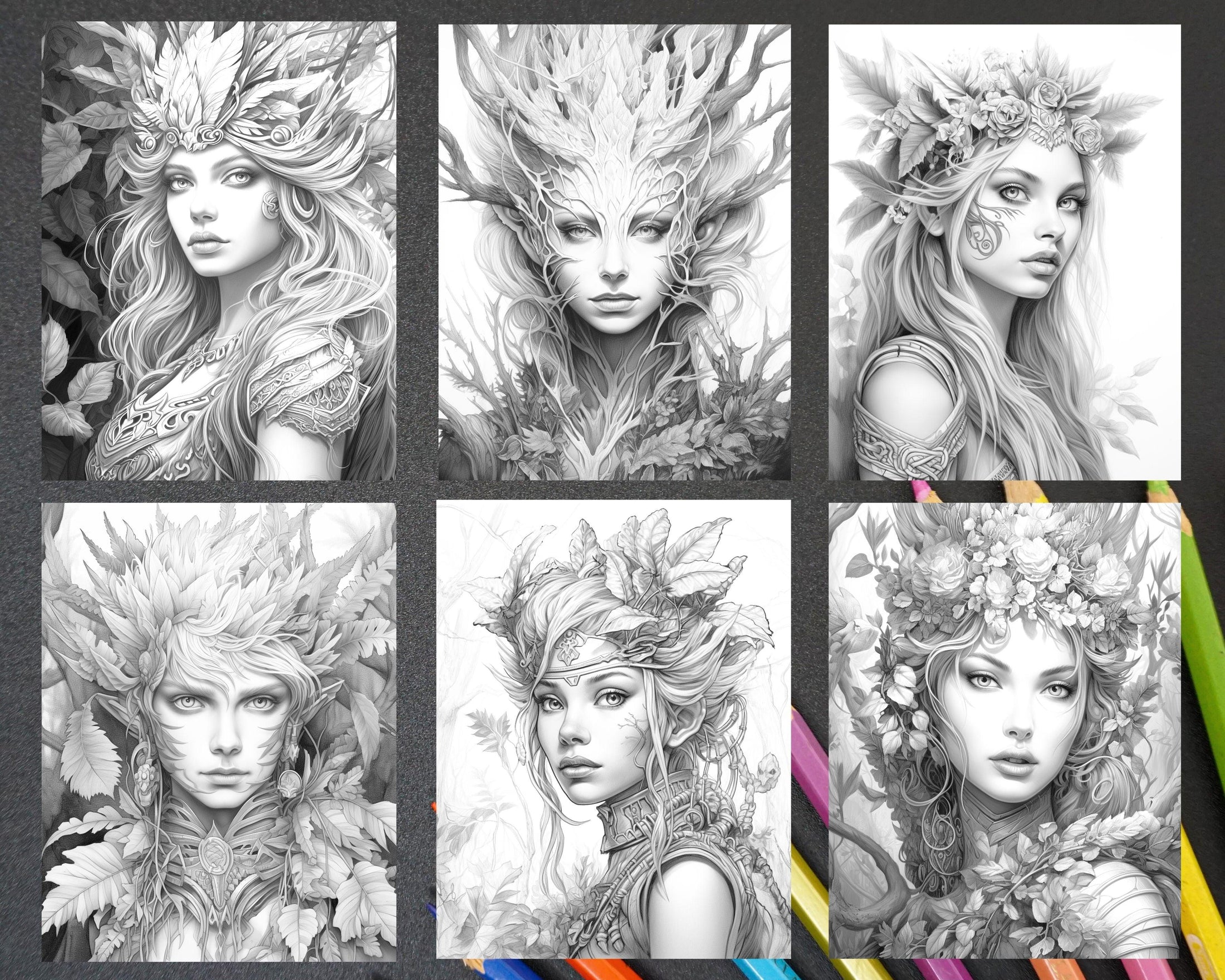 50 Fantasy Forest Elves Grayscale Coloring Pages for Adults, Printable ...