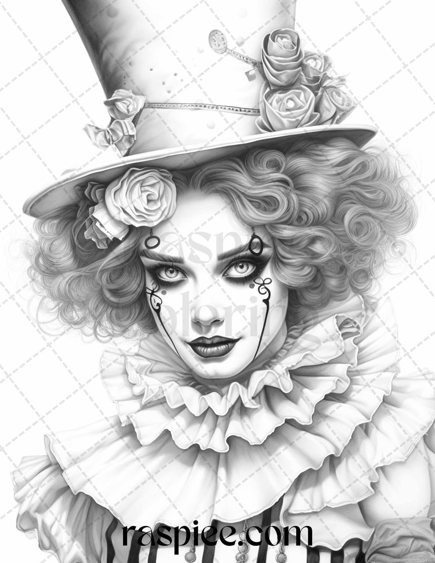 42 Beautiful Clown Girls Grayscale Coloring Pages Printable for Adults