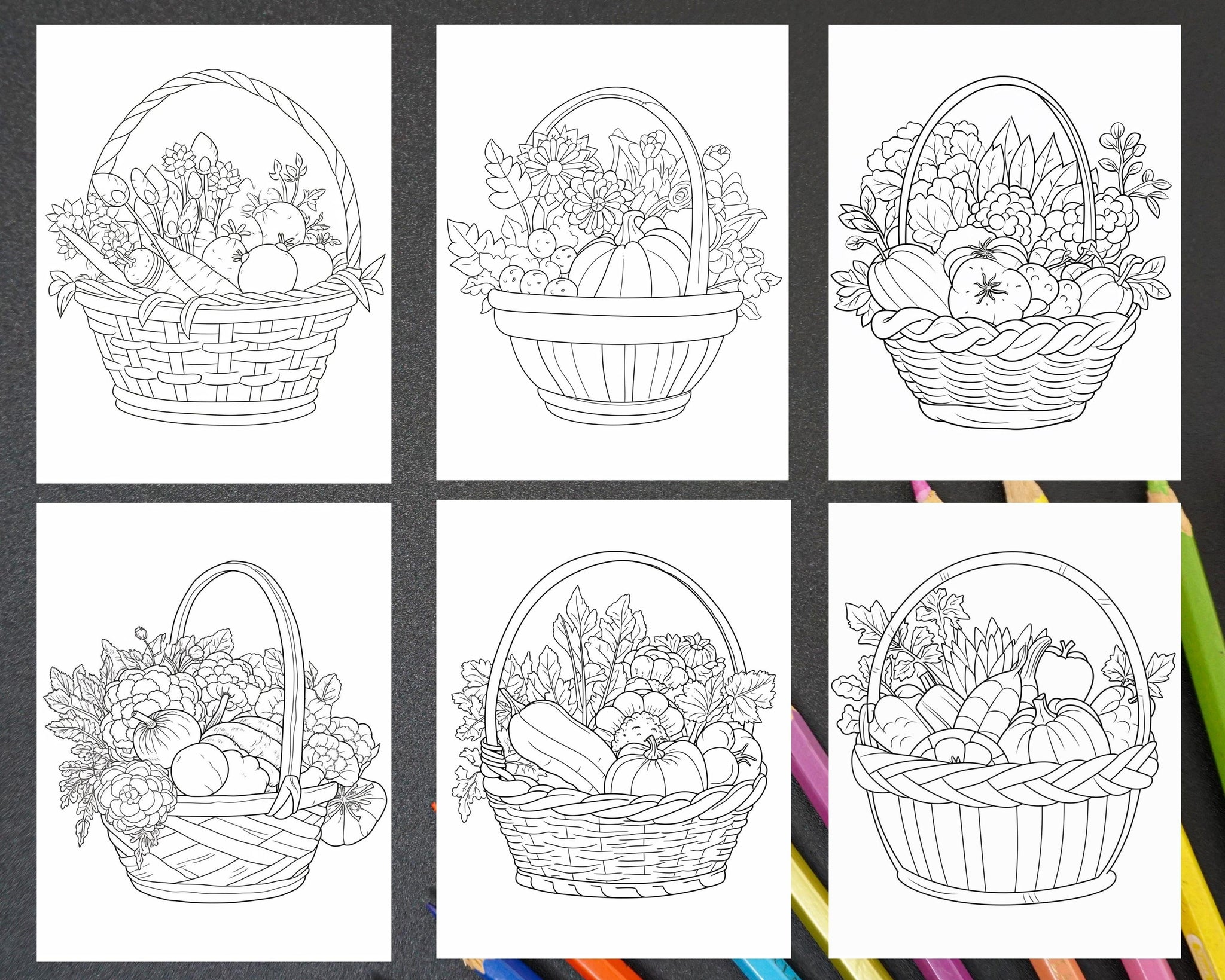Vegetable Basket Coloring Book for Adults and Kids, 100 Printable Page ...