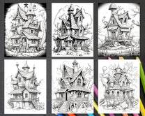 32 Spooky Houses Coloring Pages Printable for Adults, Grayscale Colori ...