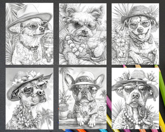 90 Summer Dogs Grayscale Adult Coloring Pages, Printable PDF Instant D ...