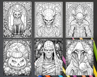 70 Halloween Stained Glass Grayscale Coloring Pages Printable for Adul ...